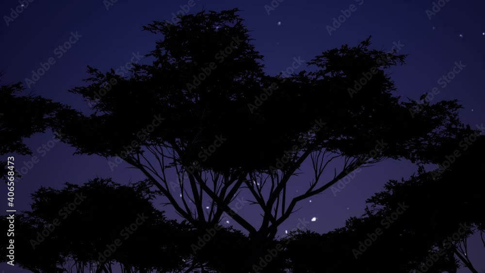 Illustration with blue tree silhouette against stars on dark background ...