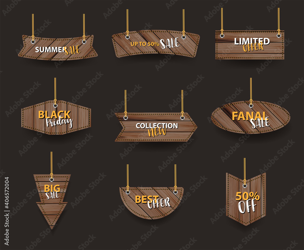 Vector wooden signs hanging on a rope and chain, With price tags labels ...