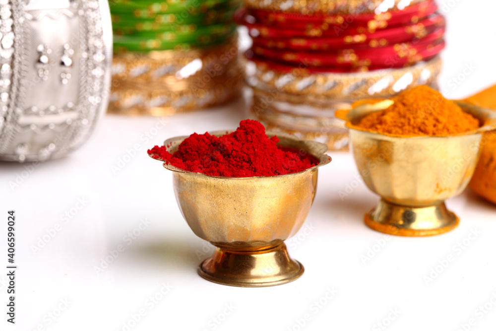 Turmeric and Kumkum powder arrangements Stock Photo | Adobe Stock