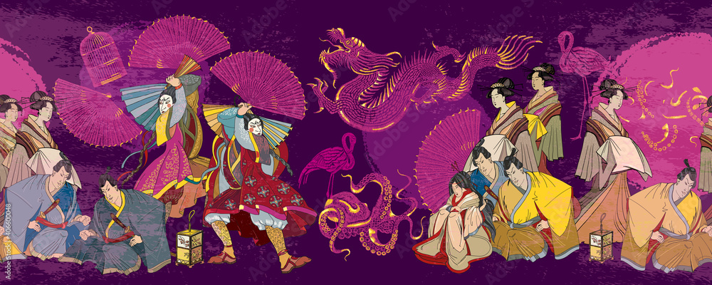 Japanese horizontal seamless pattern. Medieval ancient Japan background ...
