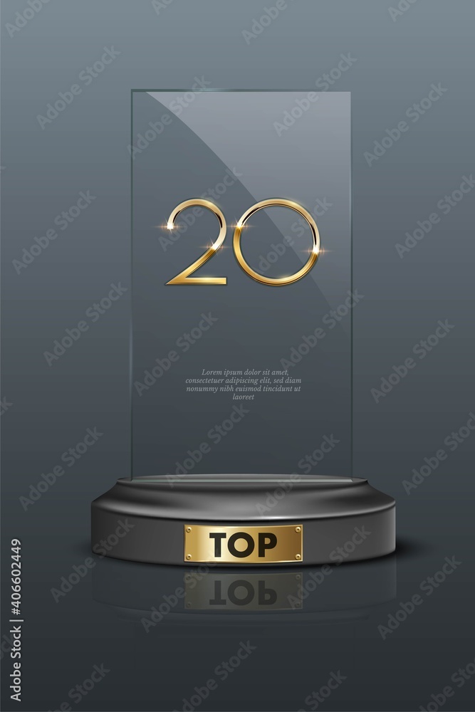 Top 20 award trophy. Glass rectangular prize with gold number twenty ...
