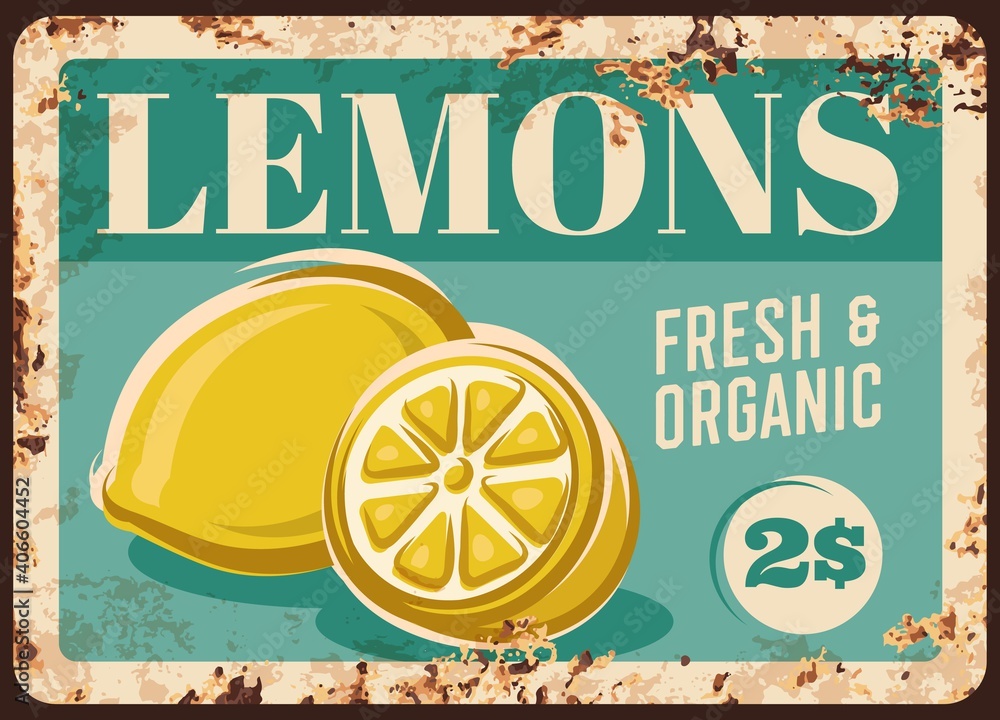 Lemon fruits metal plate rusty, food farm market price sign, vector ...