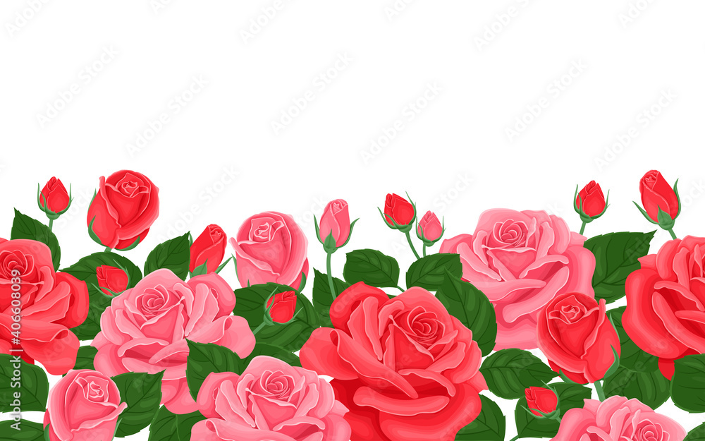 Pink and red roses seamless border. Horizontal floral frame. Vector ...