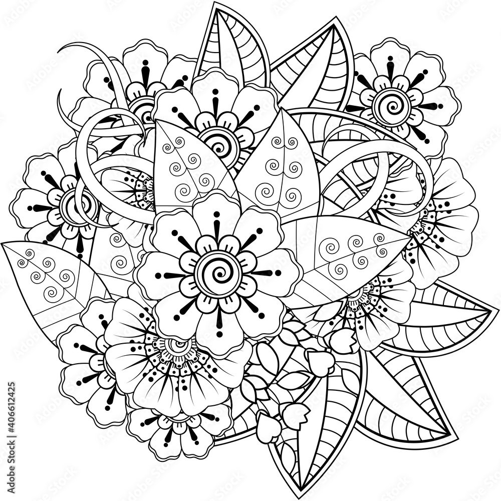 Outline square floral pattern in mehndi style for coloring book page ...
