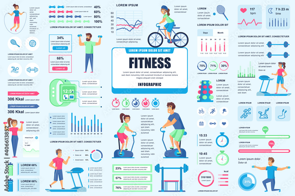 Bundle fitness and sports infographic UI, UX, KIT elements. Different ...