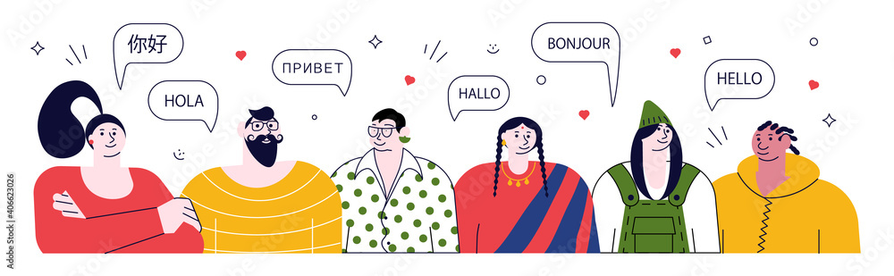 Multiethnic group of people speaking together in different languages ...