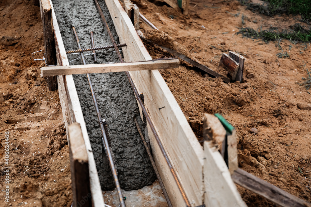 Timber formwork with metal reinforcement for pouring concrete and ...