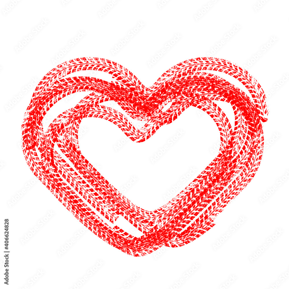 Tire tracks in heart form. Car thread silhouette. Vector illustration ...