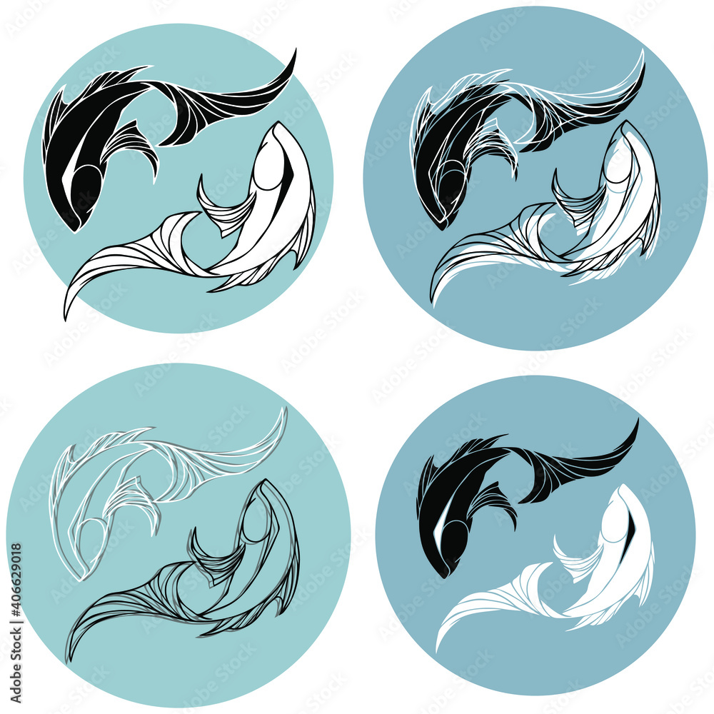 Vector illustrations set. Zodiac sign Pisces. Two fish in a circle ...