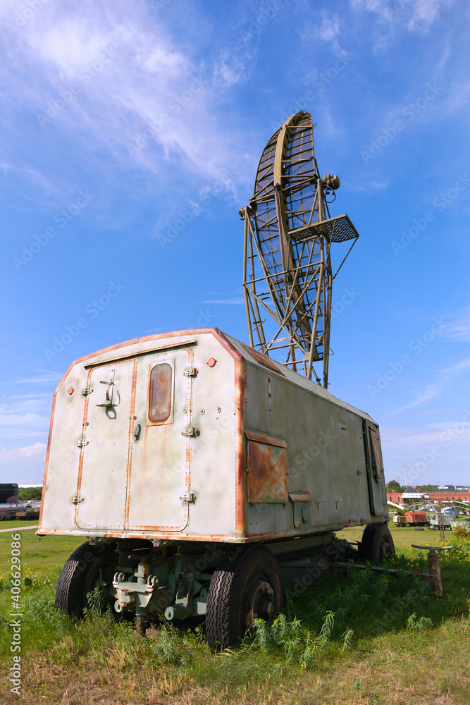 Retro military vehicle with radar mounted on the roof. Soviet-era ...