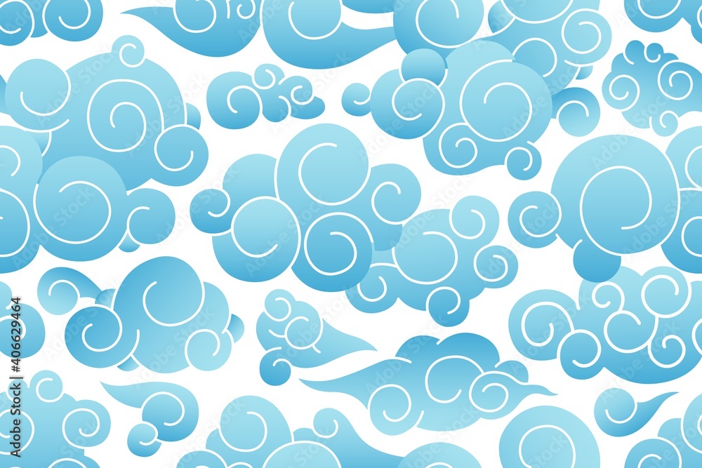 Seamless pattern of Chinese cloudy sky with curly blue clouds ...
