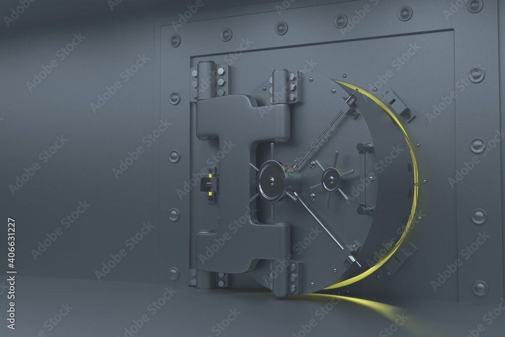 Door of the old style vault door slightly ajar front view, golden glow ...