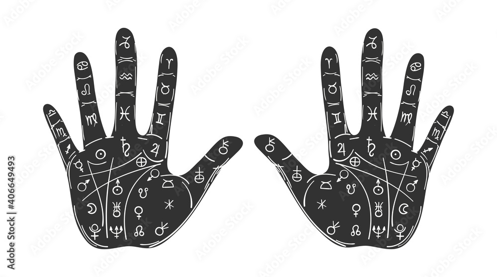 Vetor de Fortune telling by hand and the lines of fate, palmistry ...