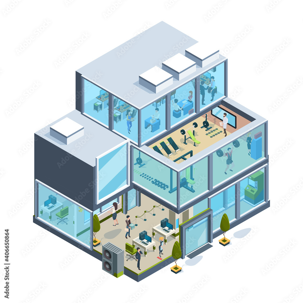 Business building isometric. Glass facade offices inside modern ... Business building isometric. Glass facade offices inside modern ...