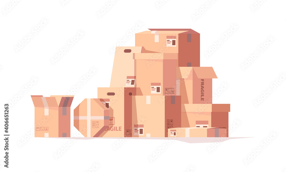 Packages stack. Delivery cardboard boxes cargo containers hills piles ...