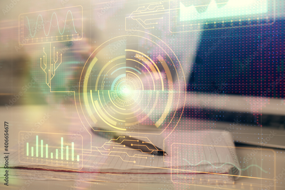 Multi exposure of data theme drawings and desk with open notebook ...