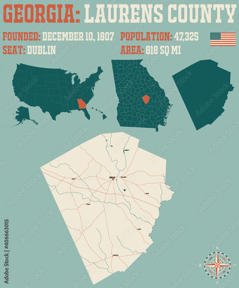 Large and detailed map of Laurens county in Georgia, USA. Stock Vector ...