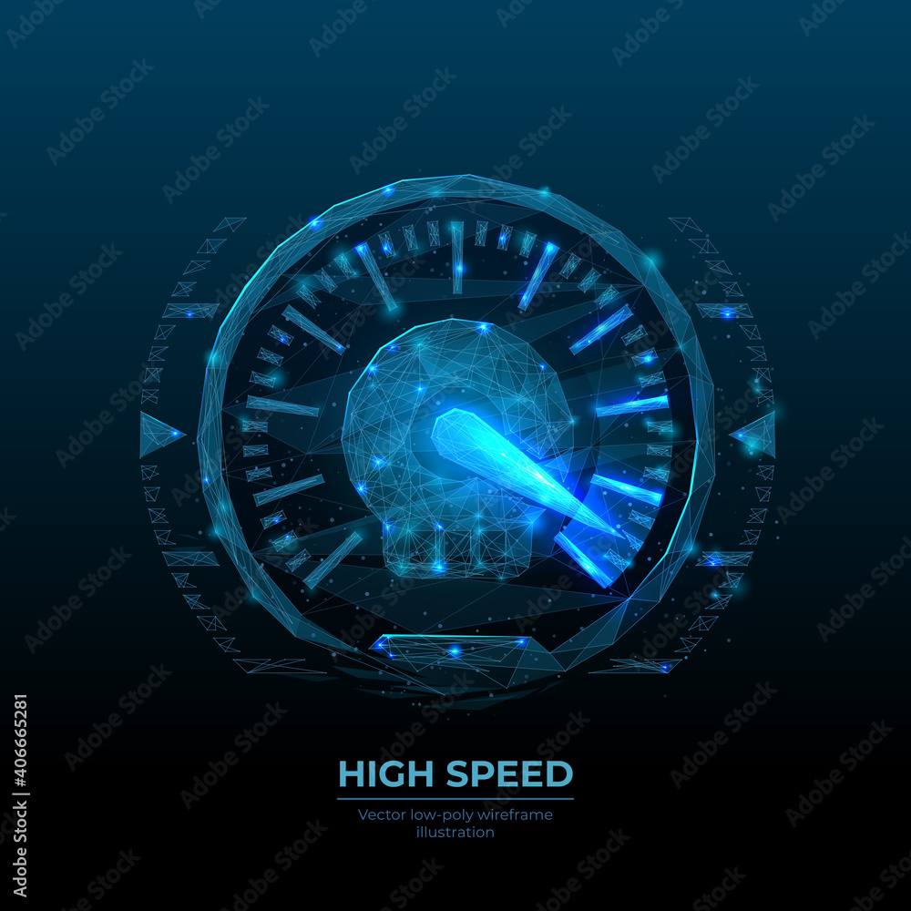 3d car speedometer in dark blue background. Digital low poly wireframe ...