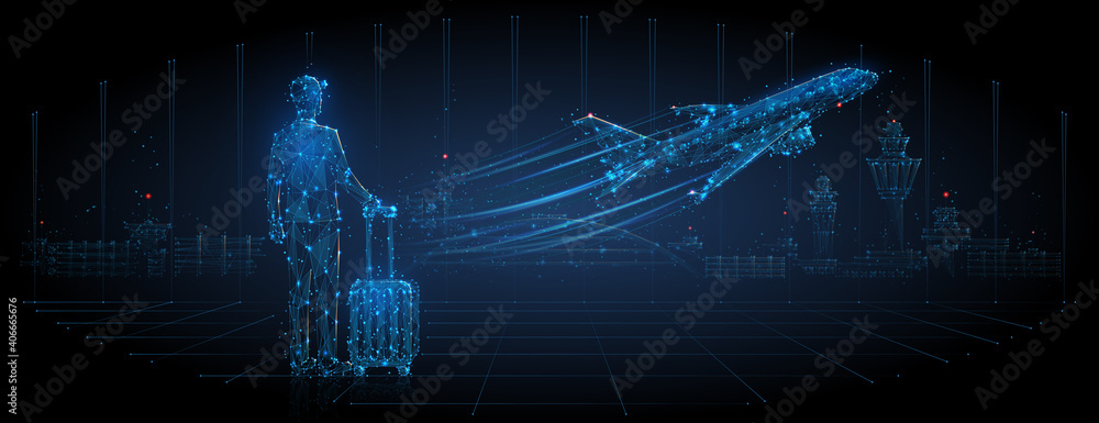 Digital 3d man with luggage looking at airplane taking off. Abstract ...