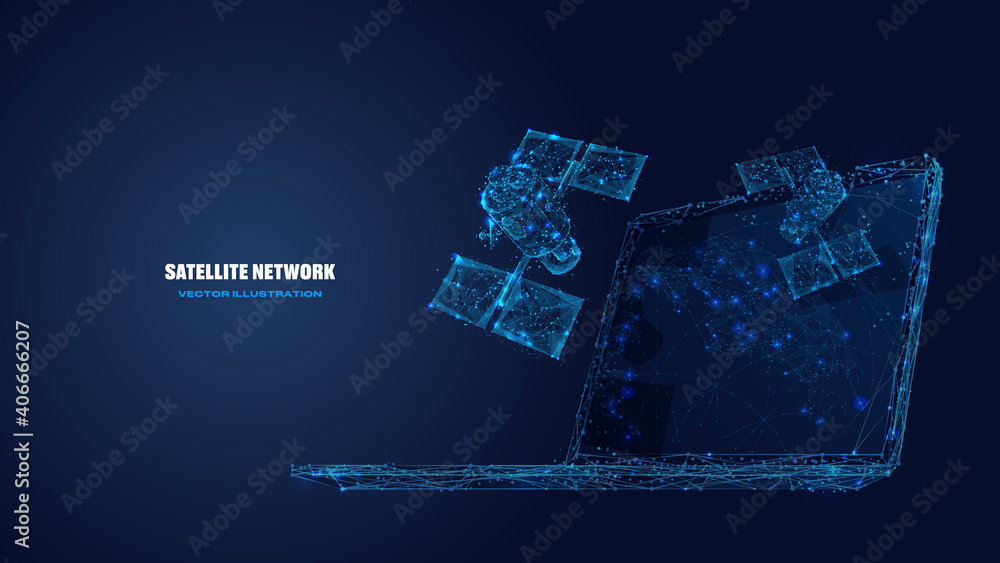3d satellites and laptop digital low poly wireframe. Satellite network ...