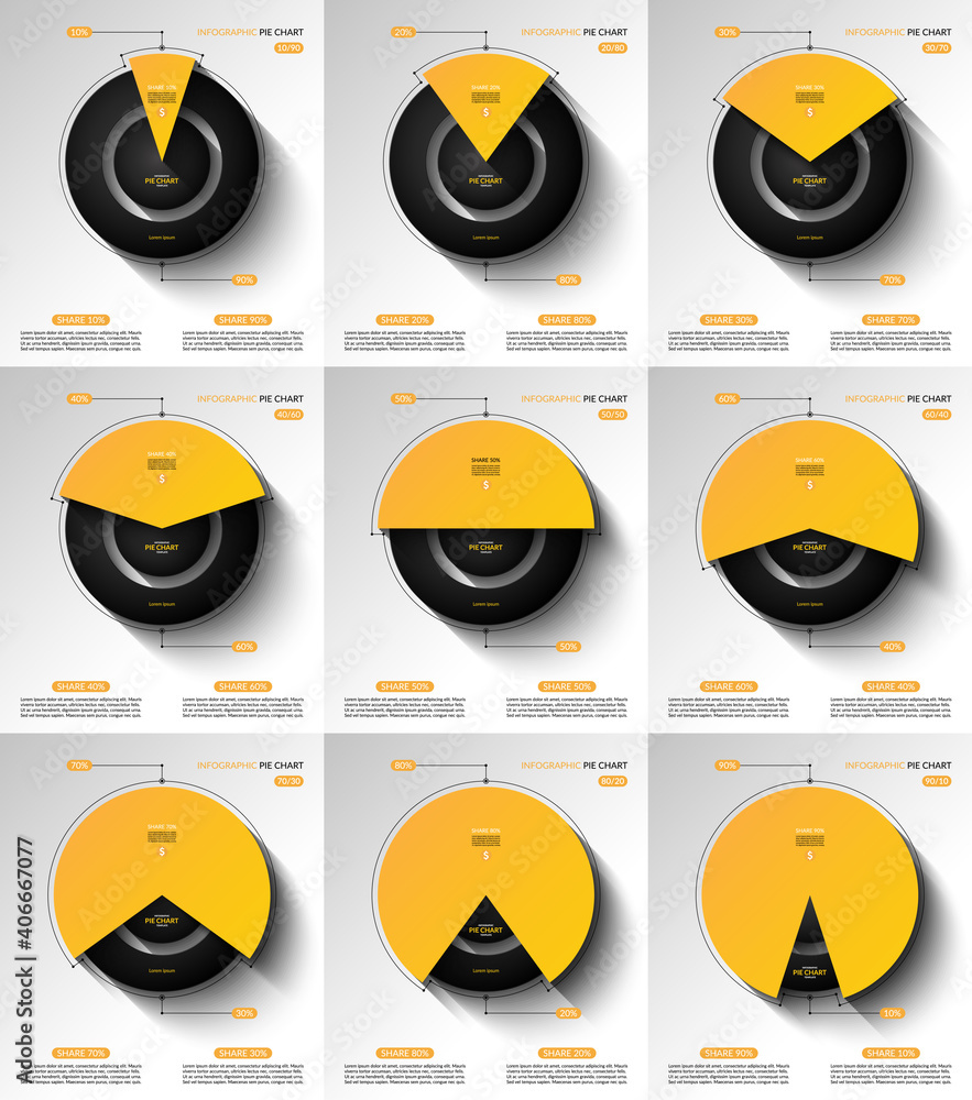 Set of infographic pie chart templates. Share of 10, 20, 30, 40, 50, 60 ...