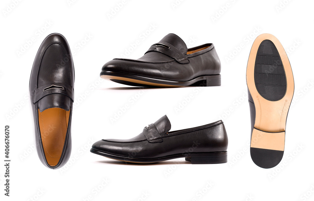 Men's classic black moccasins, loafers isolated white background. Side ...