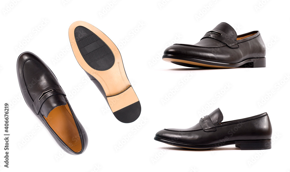 Men's classic black moccasins, loafers isolated white background. Side ...