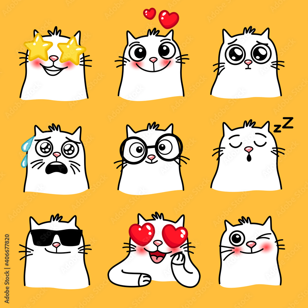 Cats mood. Cartoon emoji of pets in different situations, creative cute ...