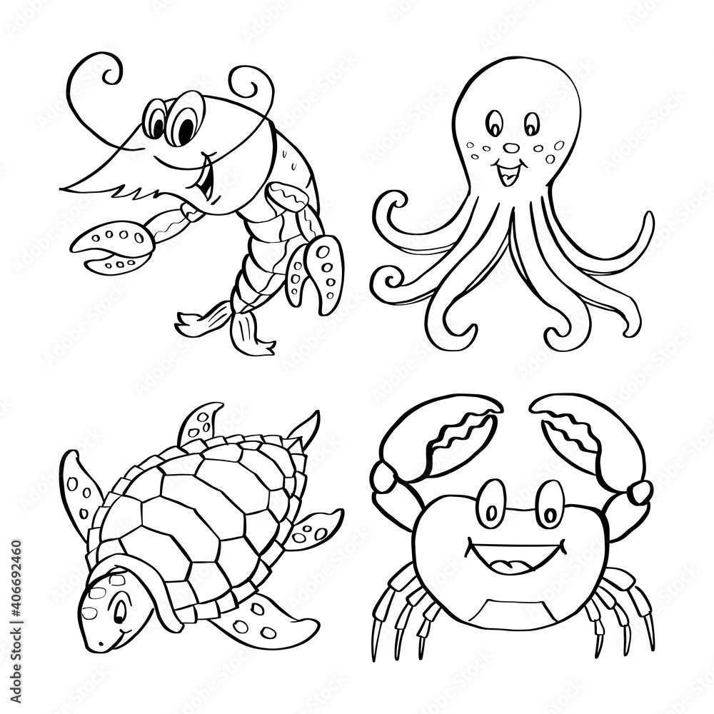 Hand drawn Aquatic Animal Collection Coloring page for kids Stock ...