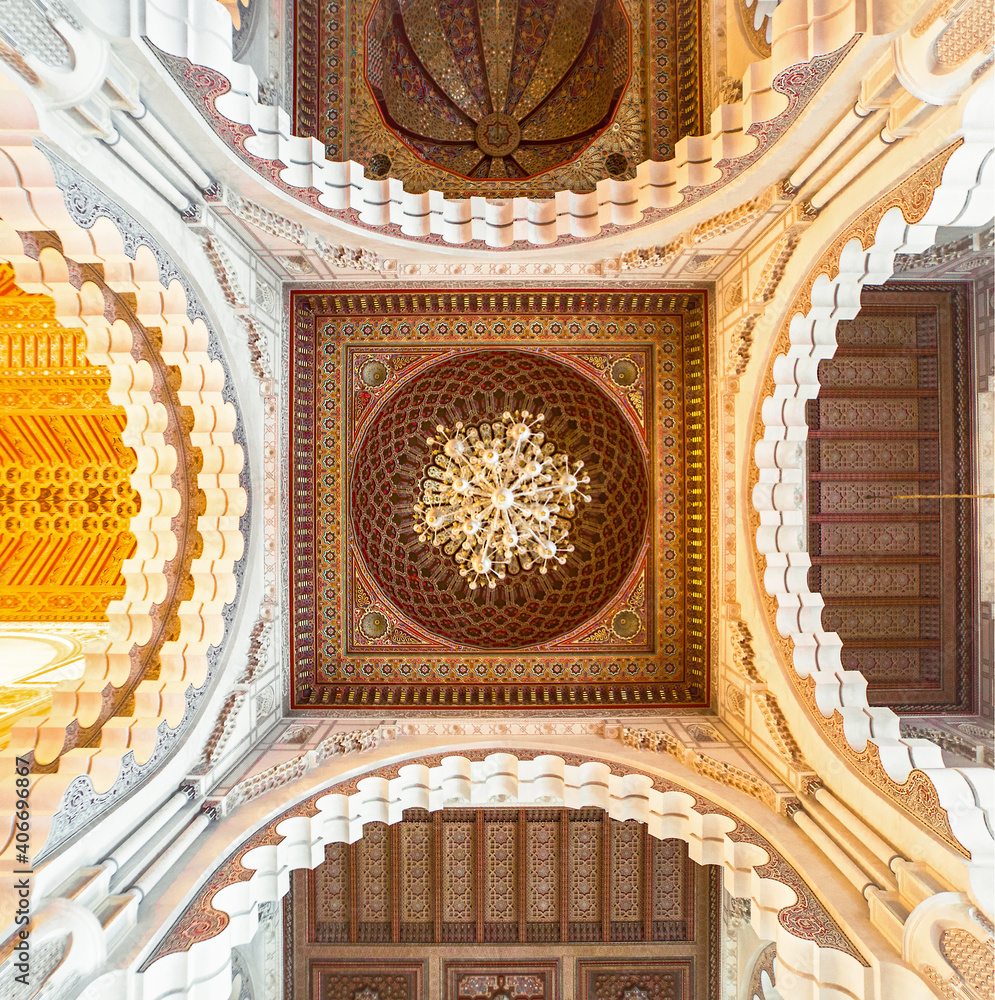 Scenic symmetrical view of the architectural details of a mosaic vault ...