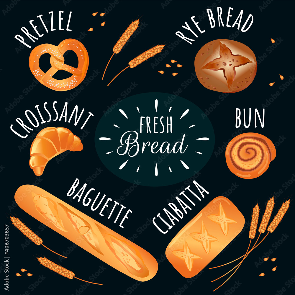 Types of bread - vector set of illustrations. Whole grain, wheat, rye ...