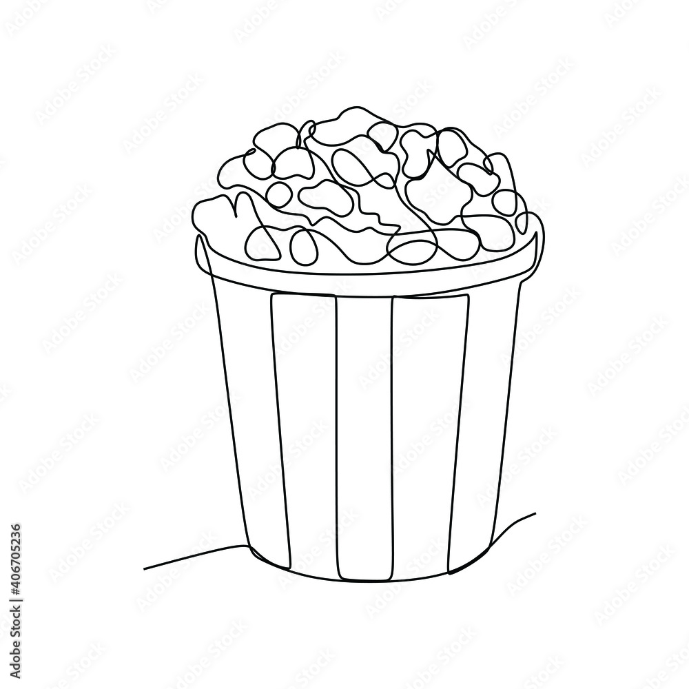 Popcorn in a jumbo bucket illustration. Continuous one line drawing ...
