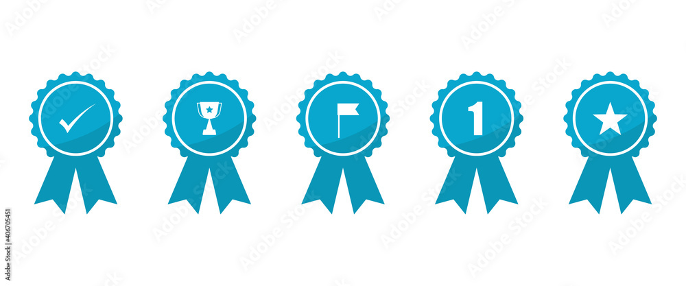 Set of blue award, check, rank, winner and certified medal icons in a ...