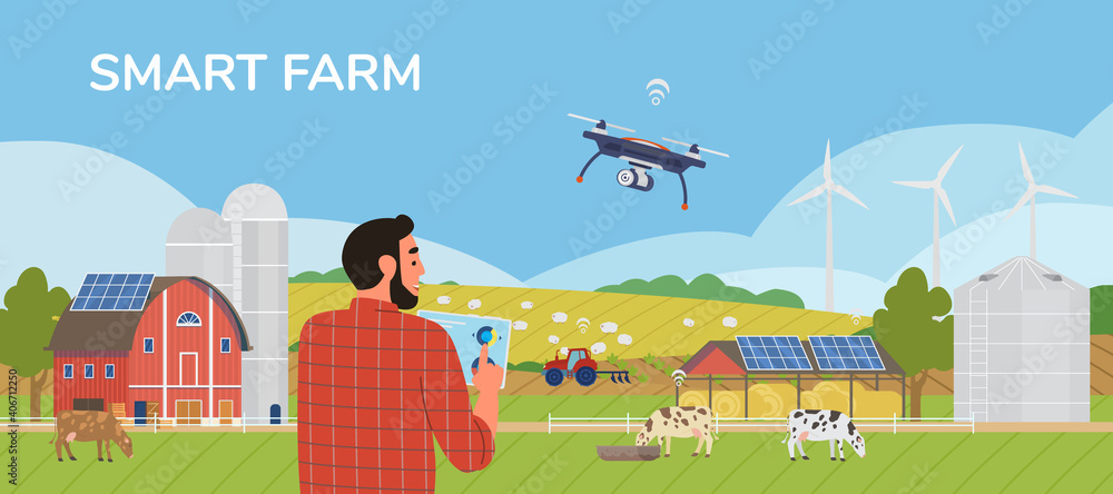 Smart Farm Horizontal Vector Banner. Farmer Holding Tablet Managing ...