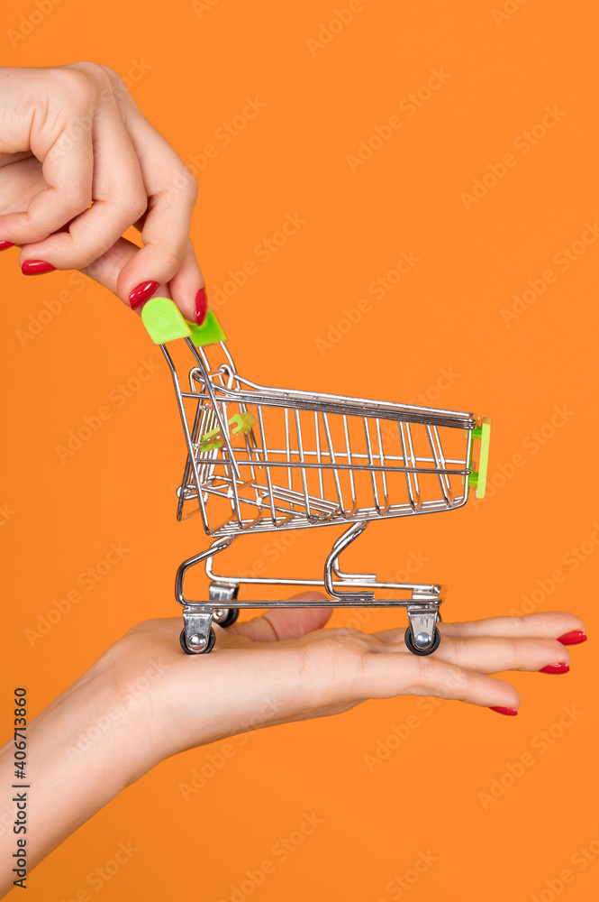 On a female hand is a small empty metal trolley from a supermarket. The ...