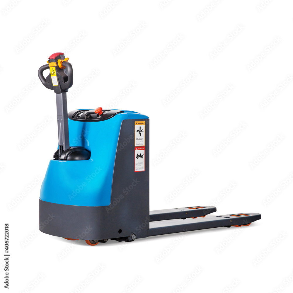 Walkie Pallet Jack geïsoleerd op wit. Zijaanzicht van blauwe ...