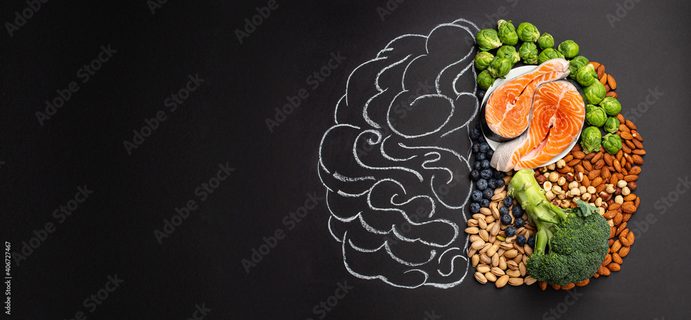 Chalk hand drawn brain picture with assorted food, food for brain ...