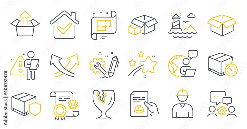 Set of Industrial icons, such as Engineering team, Opened box, Engineer symbols. Technical ...