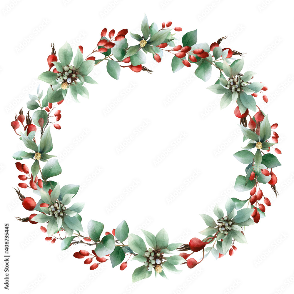 Floral wreath with green leaves, white berries, red barberry and wild ...
