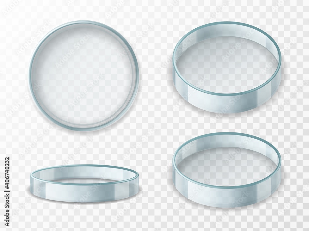 Petri dish. Realistic 3d empty glass lab cup in different angles, test ...