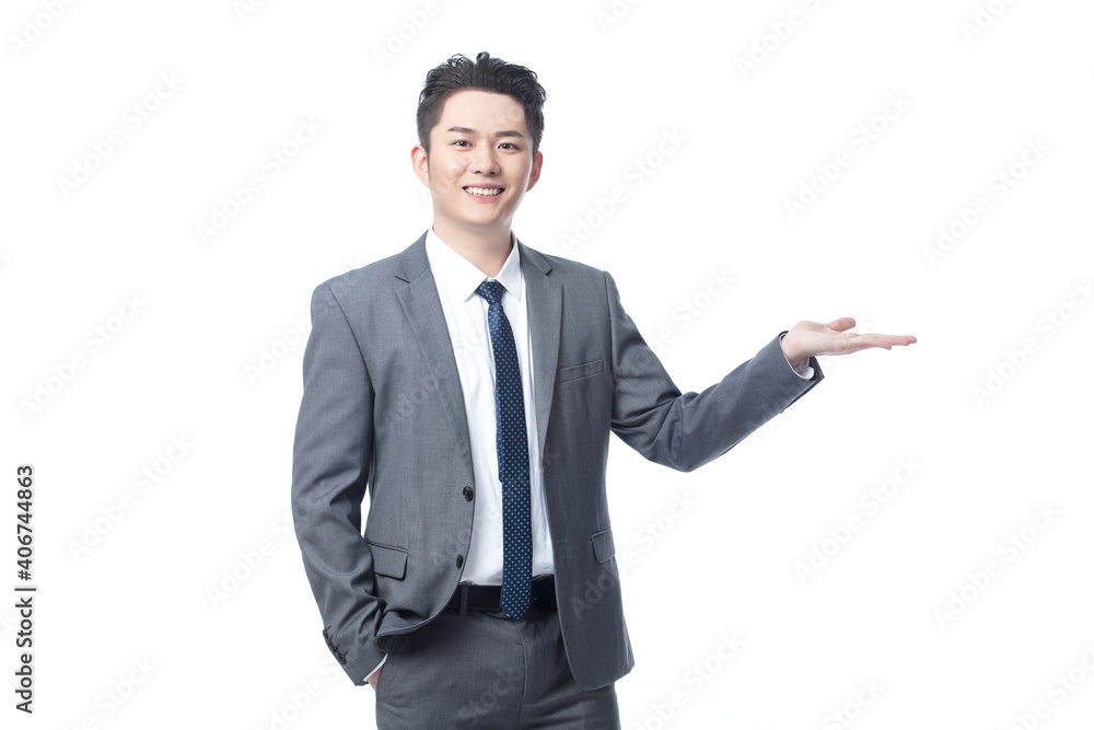Happy business man giving presentation on white background Stock Photo ...