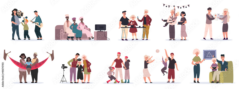 Family activities. Mother, father and children playing, cooking and ...