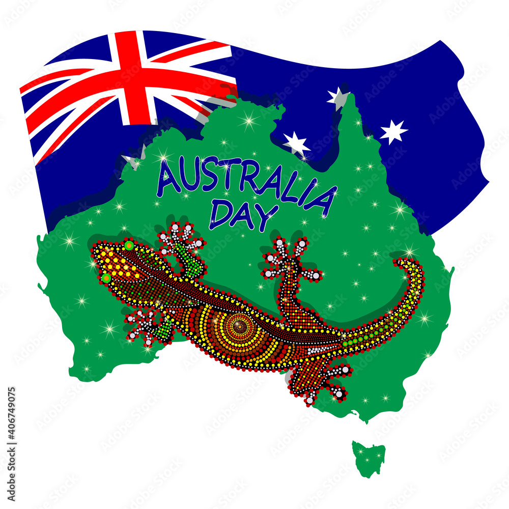 Map of Australia with lizards and flag isolated on white background ...