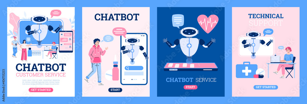 Chatbot customers services and clients support chat set of cards ...