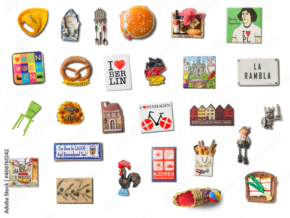 Set of 27 souvenir refrigerator magnets isolated on white from ...