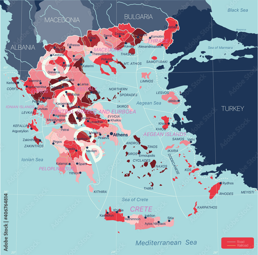 Greece country detailed editable map with regions cities and towns ...