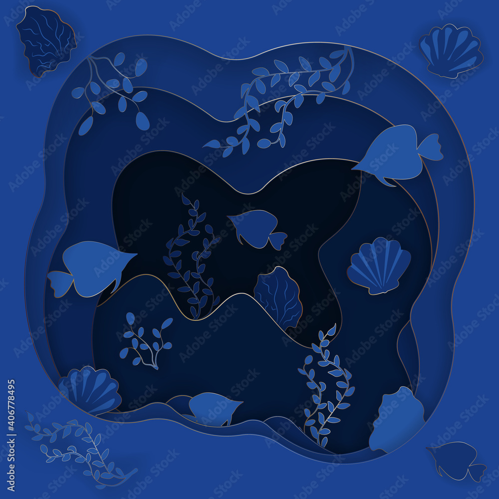 Paper underwater sea cave with fish, seaweed, shells. Luxury design ...