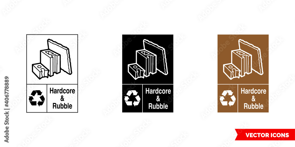 Hardcore and rubble recycling sign icon of 3 types color, black and ...