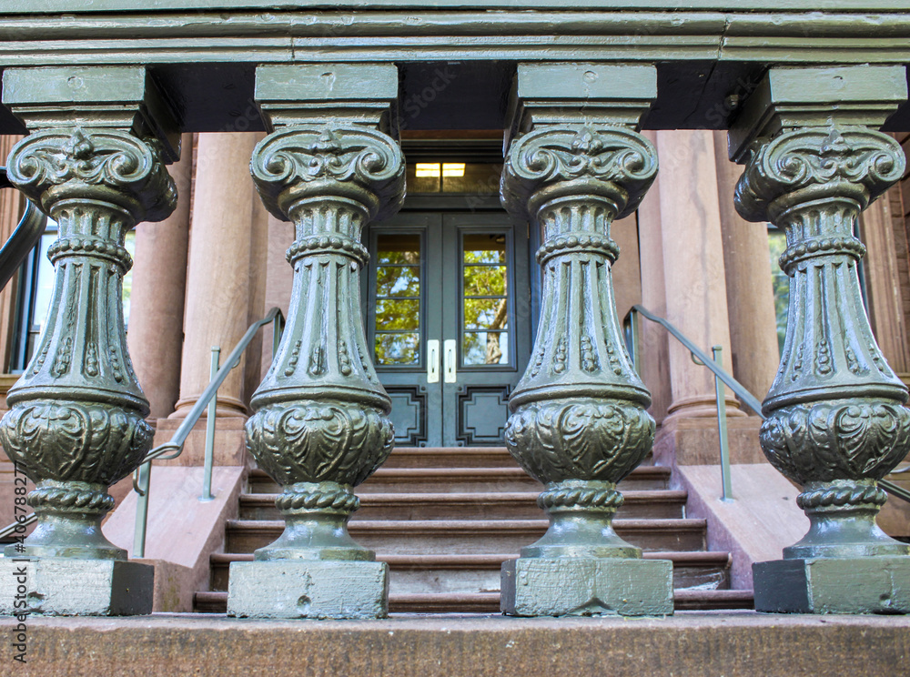 Old academic building detail - Silver painted balustrade with pink ...