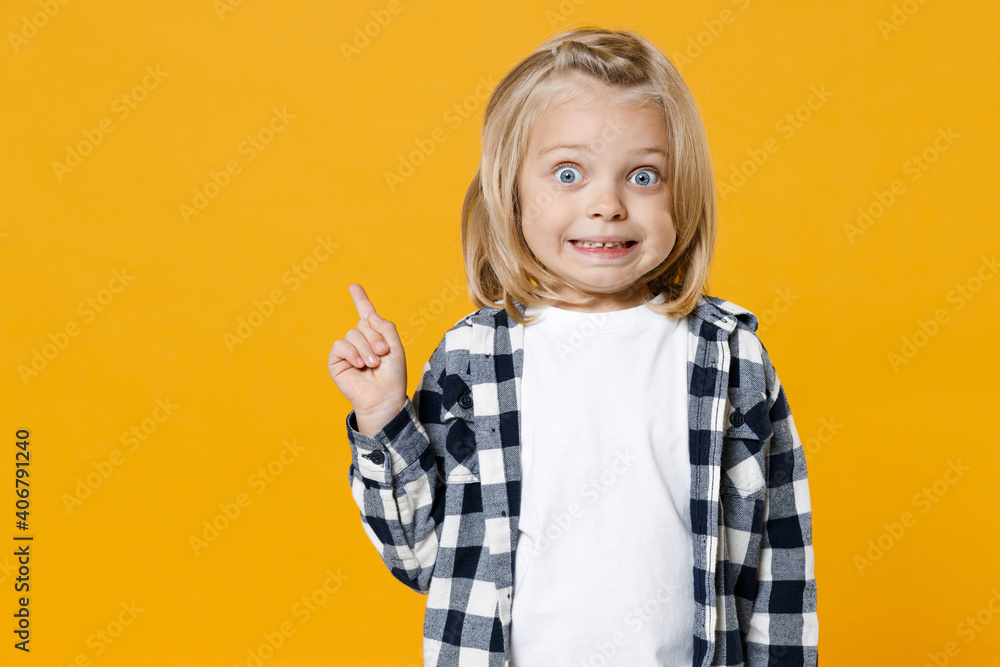 Little fun happy kid boy 4-5 years old wearing casual clothes pointing ...